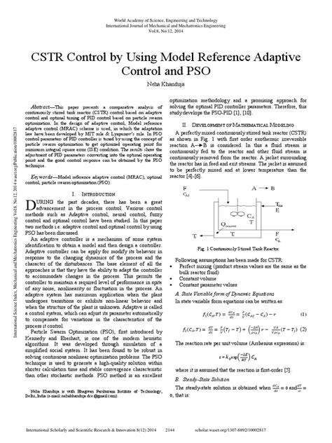 Cstr Control By Using Model Reference Adaptive Control And Pso Pdf Control Theory Applied