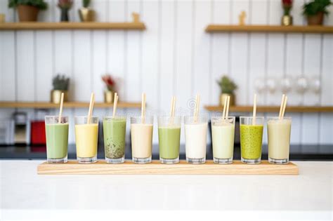Variety Of Iced Matcha Drinks In Different Glasses Lined Up On A Bar
