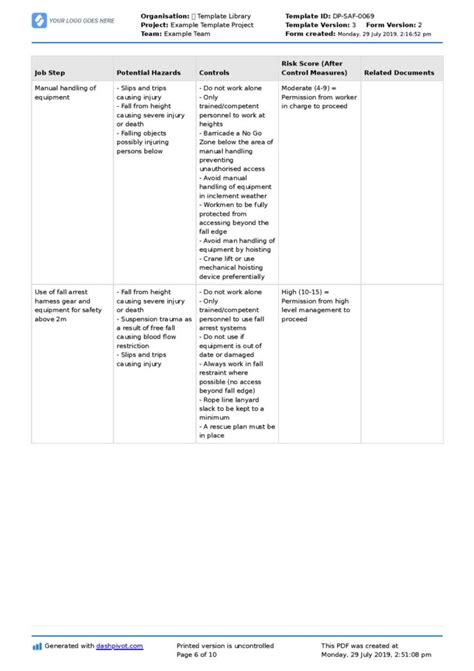 Working At Heights Safe Work Method Statement Template