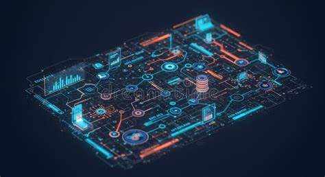 Futuristic Digital Interface Displaying Complex Data Visualization With Neon Blue And Stock