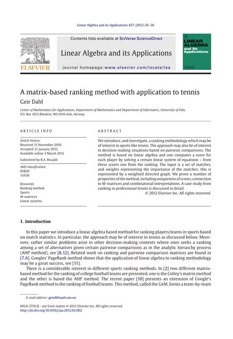 Pdf A Matrix Based Ranking Method With Application To Tennis