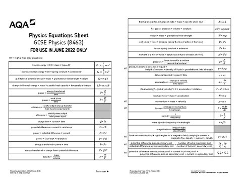 Gcse Physics 8463 Higher Tier Equations Sheet June 2022 Studocu