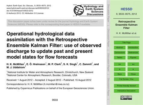 Pdf Operational Hydrological Data Assimilation With The Retrospective Ensemble Kalman Filter