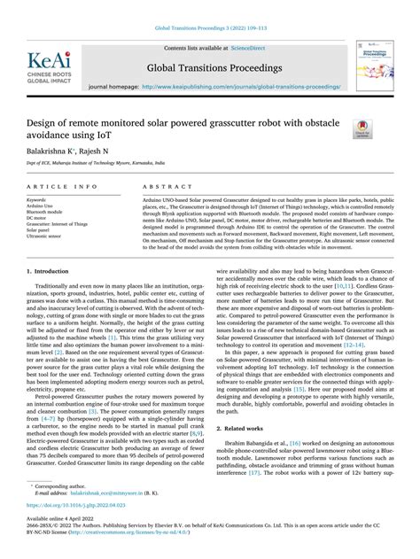 PDF Design Of Remote Monitored Solar Powered Grasscutter Robot With Obstacle Avoidance Using IoT
