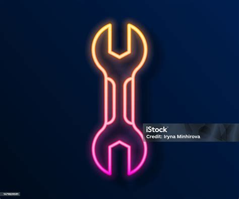검은 배경에 고립 된 빛나는 네온 라인 렌치 스패너 아이콘 스패너 수리 도구 서비스 도구 기호입니다 벡터 강철에 대한 스톡 벡터 아트 및 기타 이미지 Istock