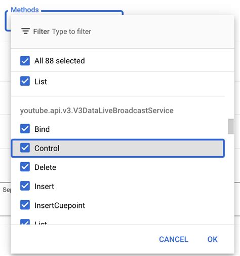 youtube api the methods which are auto selected under filters on api page are these counting