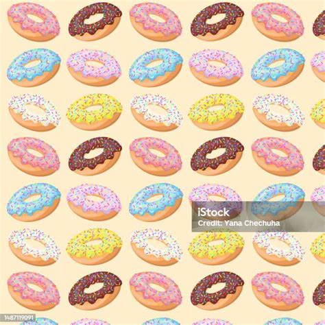화려한 유약 도넛 원활한 패턴입니다 달콤한 생일 과자 과자 디저트 메뉴 디자인 카페 장식 배달 상자 섬유 벽지 직물 장식 플랫 스타일의 벡터 그림 갈색에 대한 스톡 벡터