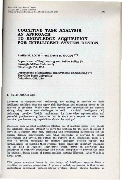 Pdf Cognitive Task Analysis An Approach To Knowledge Acquisition For Intelligent System Design