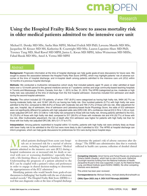 Pdf Using The Hospital Frailty Risk Score To Assess Mortality Risk In Older Medical Patients