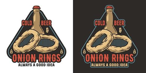 바 또는 펍을 위한 병과 양파 링이 있는 맥주 또는 양조장 엠블럼 음료 맥주 가게의 인쇄 또는 라벨 마실 것에 대한 스톡 벡터