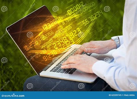 Man Typing On Modern Notebook With Number Technology Data Coming Stock Image Image Of Number