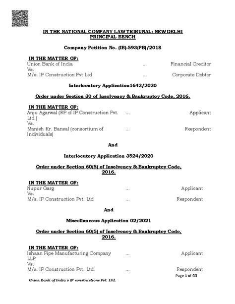 Resolution Plan Case Page 1 Of 44 In The National Company Law