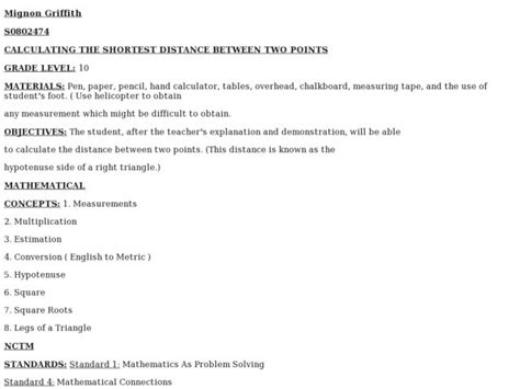 calculating the shortest distance between two points lesson plan for