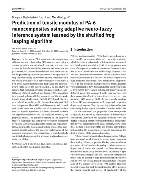 Pdf Prediction Of Tensile Modulus Of Pa 6 Nanocomposites Using