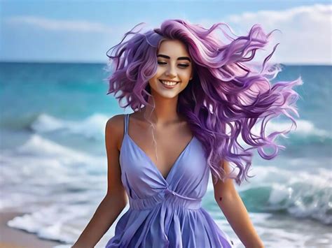 Sonriente Chica Linda Con Vestido Azul Con Cabello P Rpura En La Playa Foto Premium