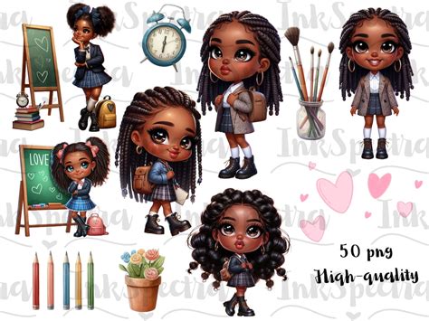Black Chibi Schoolgirl Clipart Set Back To School Watercolor Png