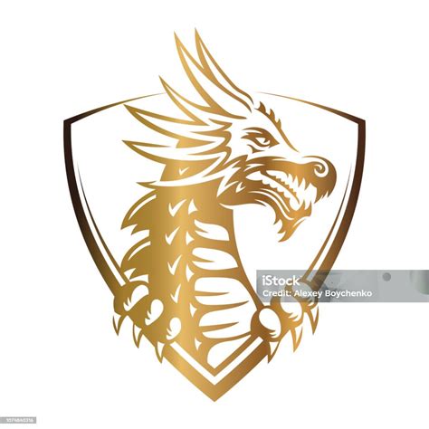 골드 벡터 머리 방패 그림의 형태로 용의 인쇄 흰색 배경에 휘장 디자인 금 금속에 대한 스톡 벡터 아트 및 기타 이미지 금