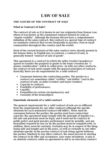 Law Of Sale Practical Notes Regarding The Law Of Sale Under