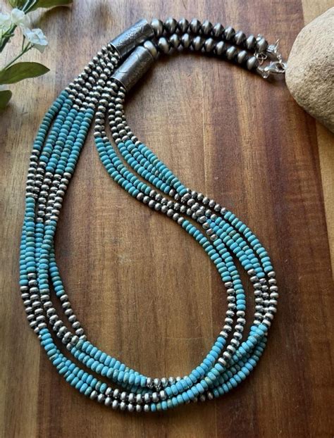 Sterling Silver Multi Strand Blue Turquoise 4mm Pearls Bead Necklace 24