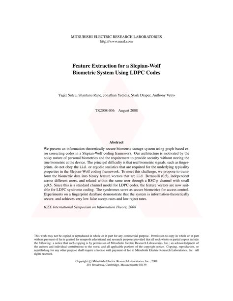 Pdf Feature Extraction For A Slepian Wolf Biometric System Using Ldpc