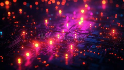 Abstract Representation Of Electronic Circuit Board Illuminated By Colorful Lights At Night