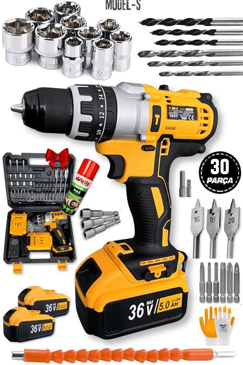 Dager Model S Darbeli Matkap 36 V 5 Ah Metal Şanzıman Çift Akülü Şarjlı