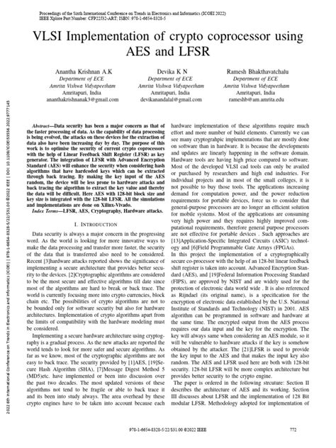 Vlsi Implementation Of Crypto Coprocessor Using Aes And Lfsr Pdf Cryptography Encryption