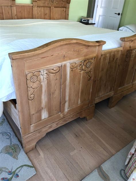 Lovely Carved Natural Pine Antique King Size Bed Frame For Sale At