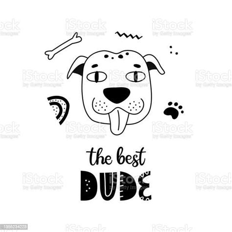 손으로 그린 스타일에 귀여운 글자가있는 재미있는 개 얼굴 포스터 윤곽선 손 드로잉 티셔츠 의류 카드 포스터 보육 장식에 적합합니다 흰색 배경 벡터 그림에서 격리 0명에 대한
