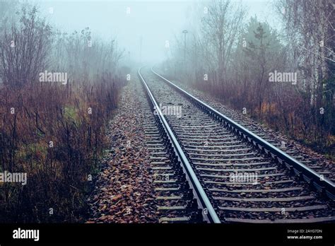 Perspective Of Railway Track Disappearing In Mist In Foggy Morning