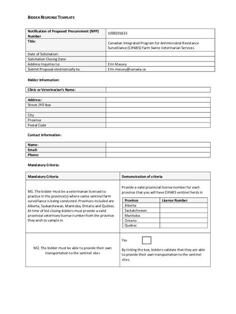 Fillable Online Bidder Response Template Fax Email Print Pdffiller