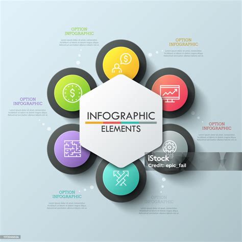 중앙 육각형 얇은 선 기호 및 텍스트 상자 주위에 배치 6 둥근 요소와 원형 차트 비즈니스 성공 개념에 대한 6단계 6에 대한