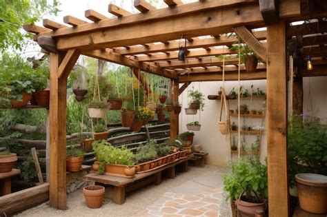 Premium Ai Image Pergola Made Of Natural Wooden Beams And Ropes With