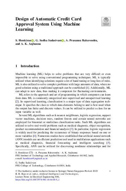 pdf design of automatic credit card approval system using machine