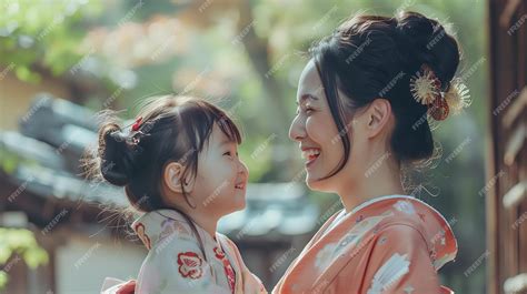 Mother And Daughter In Kimono Looking At Each Other And Smiling