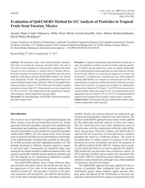 Pdf Evaluation Of Quechers Method For Gc Analysis Of Pesticides In Tropical Fruits From