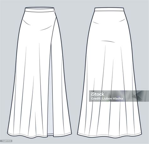 여성 긴 맥시 길이 스커트 기술 패션 그림 소녀 스커트 패션 플랫 기술 도면 템플릿 A 라인 Zipup 전면 슬릿 전면 및 후면보기 흰색 색상 여성 Cad 모형 설계도에