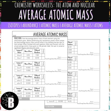 Chemistry Worksheet Atom And Nuclear Average Atomic Mass By Bazinga Brown