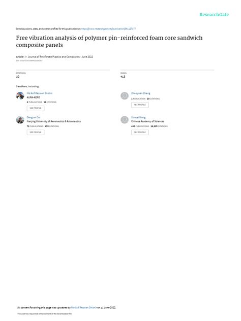 Free Vibration Analysis Of Polymer Pin Reinforced Foam Core Sandwich Composite Panels Pdf