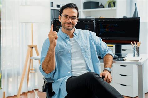Profile It Looking Camera Wearing Glasses Against Coding On Pc Surmise