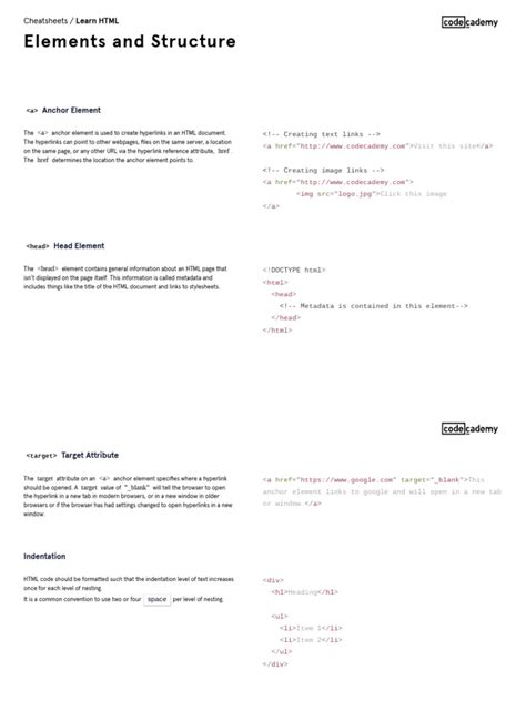 learn html elements and structure cheatsheet codecademy pdf html
