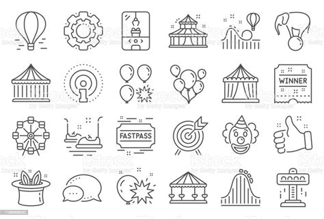 놀이 공원 라인 아이콘입니다 회전 목마 롤러 코스터와 서커스의 집합입니다 벡터 갈고리 발톱에 대한 스톡 벡터 아트 및 기타 이미지 갈고리 발톱 고급 공연 Istock