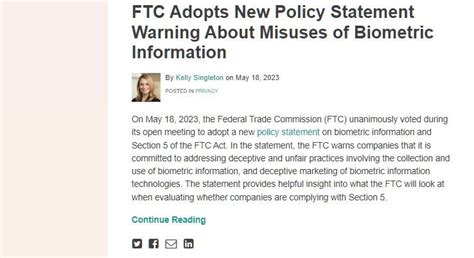 Ftc Adopts New Policy Statement Warning About Misuses Of Biometric