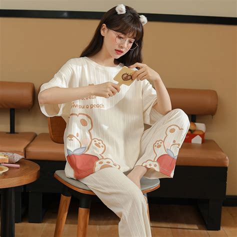 여름 얇은 섹션 잠옷 여성 짧은 소매 긴 바지 만화 Loungewear 정장 크기 Xlqgl1914