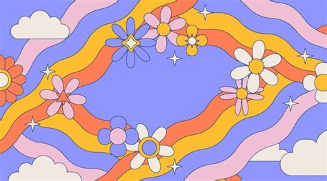 Premium Vector Hand Drawn Psychedelic Groovy Background With Flowers Rainbows Clouds In S