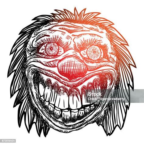 Blackwork 성인 육체 문신 개념의 악마 광대 머리 악몽과 악마 영향에 의해 영감 을된 미소와 함께 무서운 광대 얼굴입니다 마스코트 웃 고 악마에 의해 소유 하는