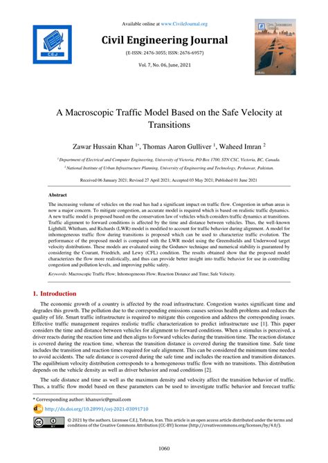 PDF A Macroscopic Traffic Model Based On The Safe Velocity At Transitions