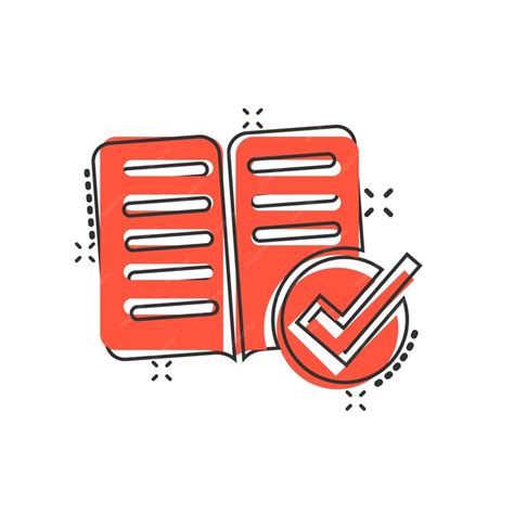 만화 스타일의 책 확인 표시 아이콘 격리 된 흰색 배경에 책갈피 승인 만화 벡터 일러스트 스플래시 효과 비즈니스 개념 확인 프리미엄 벡터