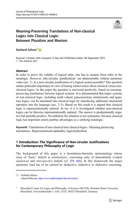 Pdf Meaning Preserving Translations Of Non Classical Logics Into Classical Logic Between