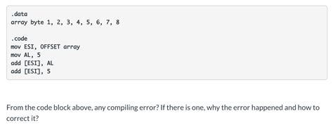 Data Array Byte 1 2 3 4 5 6 7 8 Code Mov